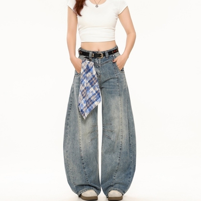 格子方巾拼接弯刀牛仔裤