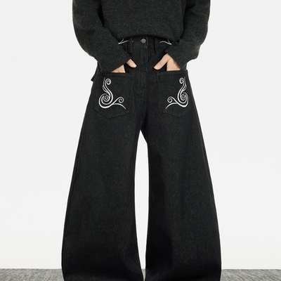 海浪刺绣弯刀原牛阔腿牛仔裤