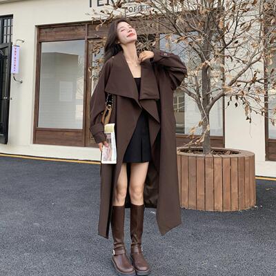 闲咖色式简约风通勤大法翻领风女长款初秋新衣款级感休C325-819外