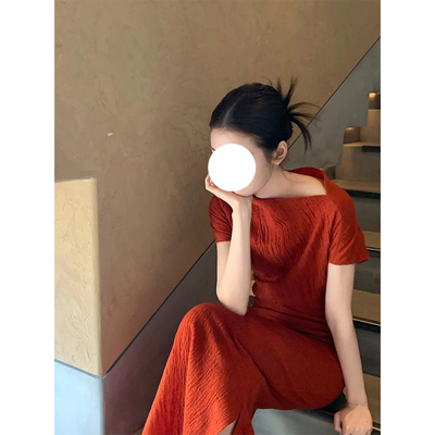 法式气质修身显瘦红色长裙子