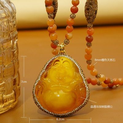 新款黄水晶佛公吊坠项链女款轻奢小众高级感锁骨链百搭毛衣链配饰