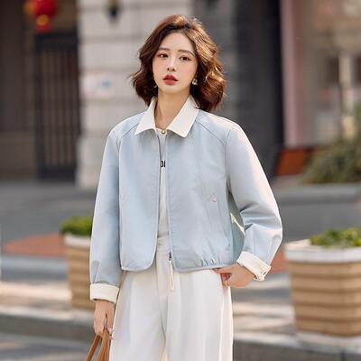 W9017-01春季新款女时气尚拼接翻领港风皮洋套装休闲夹克上衣