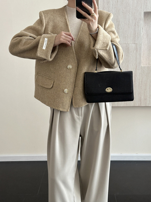 sashalive纯色无领排多扣短款双面羊毛毛呢外套大衣女休闲外套