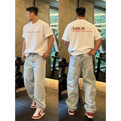 美式潮牌重磅纯棉分割印花T恤男