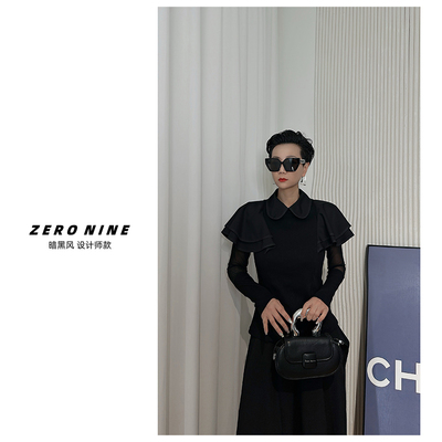 Dan Dan 暗黑风荷叶边上衣女 黑色高级感设计感洋气长袖衬衫