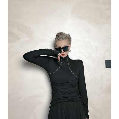 Dan Dan 黑色高领镶钻设计感长袖针织衫女 名媛风显身材修身毛衫
