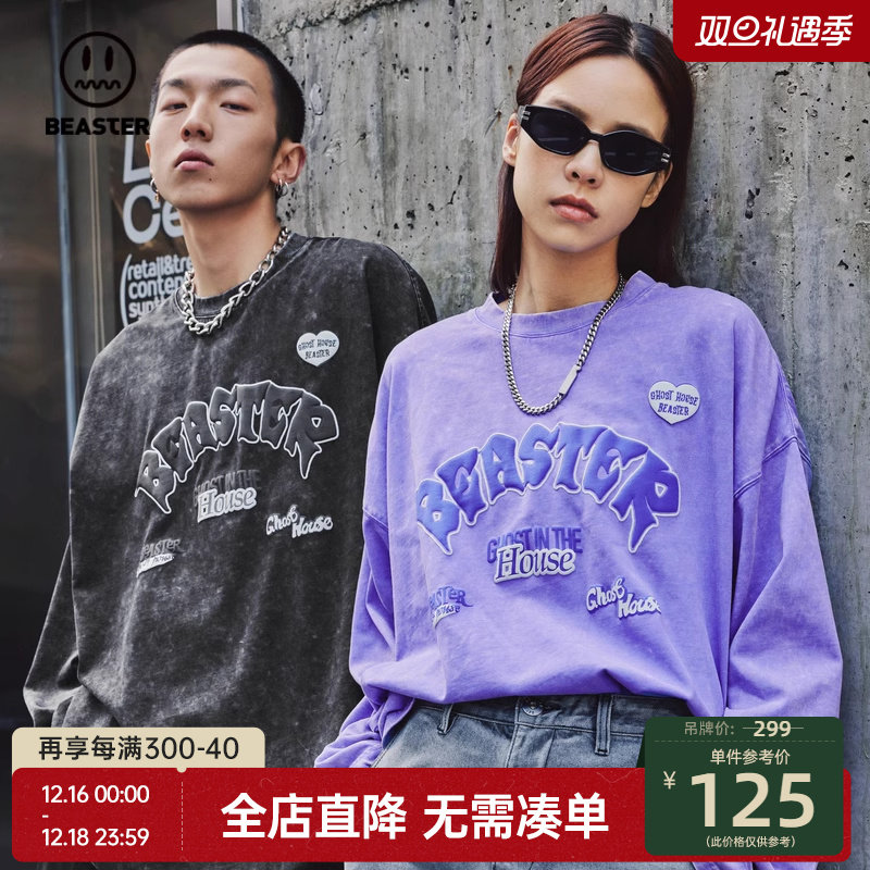 BEASTER潮牌嘻哈复古长袖t恤宽松字母印花休闲上衣女情侣男秋季_虎窝淘