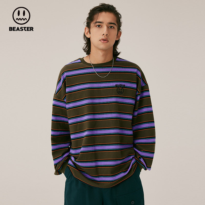 BEASTER撞色长袖条纹t恤男女秋季新款美式潮流宽松复古休闲上衣_虎窝淘