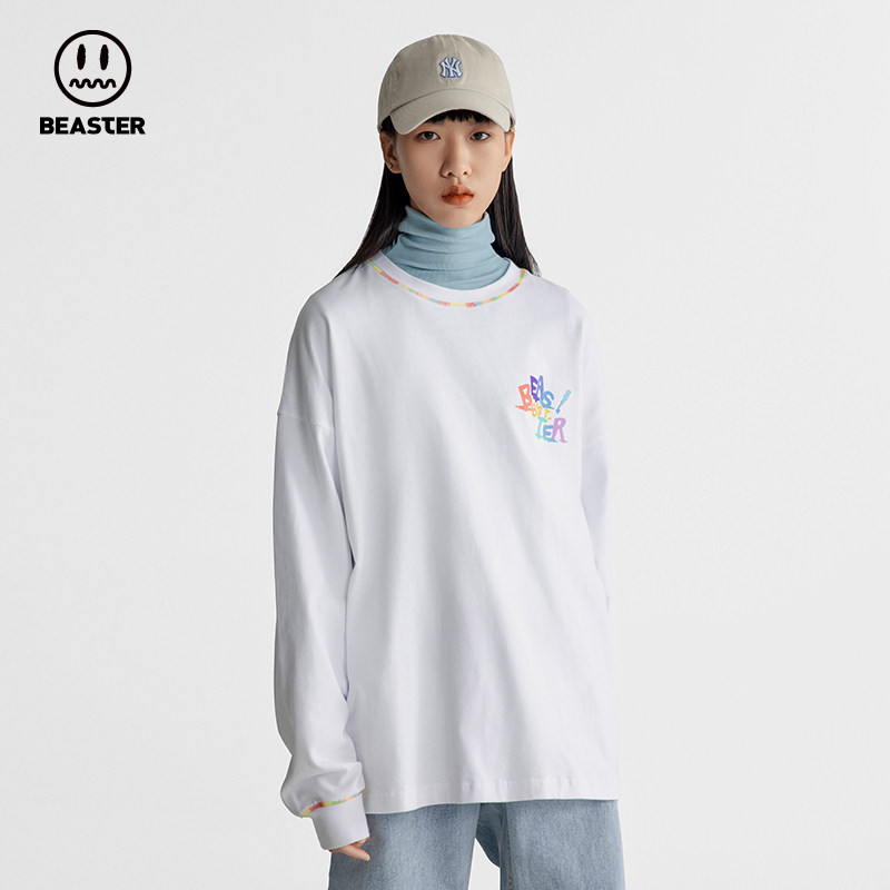 BEASTER潮流宽松多彩印花T恤打底衫圆领休闲基础款长袖上衣男士_虎窝淘