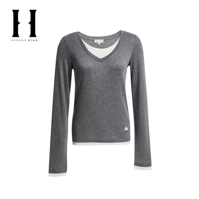 SEASON HIGH冬时尚V领假两件上衣百搭宽松长袖T恤