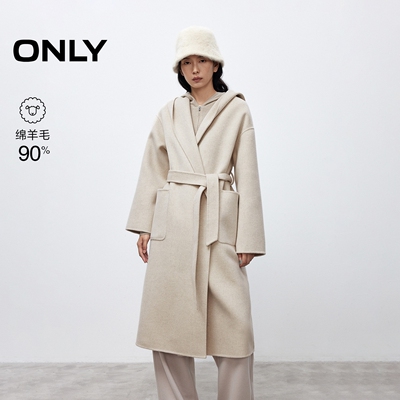 ONLY2023冬季新款双面呢浴袍连帽设计收腰毛呢大衣女|12546U008