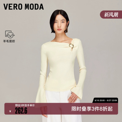 绫致Vero Moda针织衫冬新款含羊毛收腰修身立体装饰扣斜领上衣