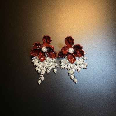 开花的橄榄Vintage古着 Wine Blossom红色花朵流苏耳钉 耳环 耳饰