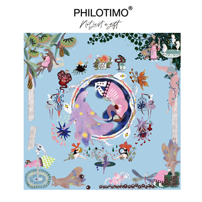 【新品】PHILOTIMO 小意达的花钟 桑蚕丝 方巾 （蓝