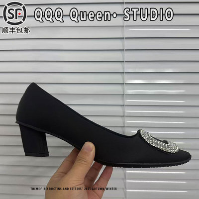 Right Video高跟鞋女兔毛加绒2025秋季方头水钻方扣保暖绸缎鞋女