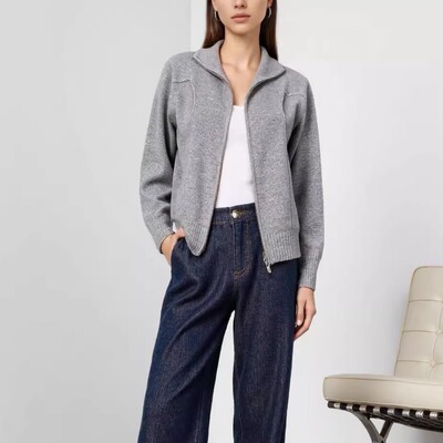 秋冬绵羊毛双拉链针织开衫女