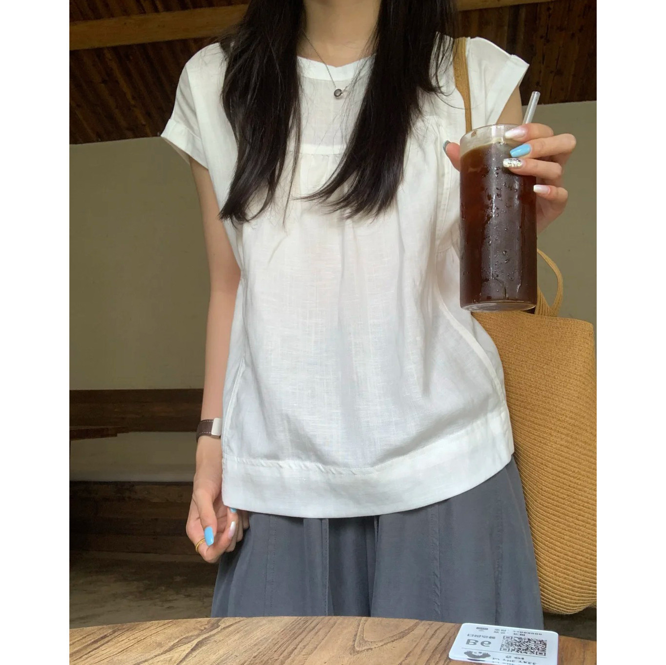慵懒风白色天丝亚麻短袖衬衫小衫女夏季压褶小飞袖娃娃衫无袖上衣