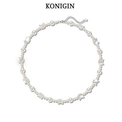 天然贝壳猫咪珍珠项链女倪妮同款