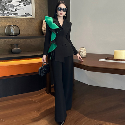 秋冬新款修身长袖西装阔腿裤套装