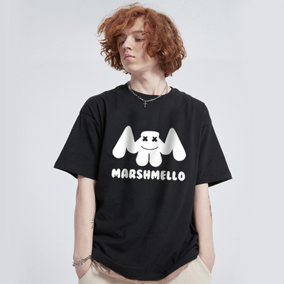 Marshmello棉花糖T恤男印花图案宽松DJ电音短袖衣服夏季学生夏装