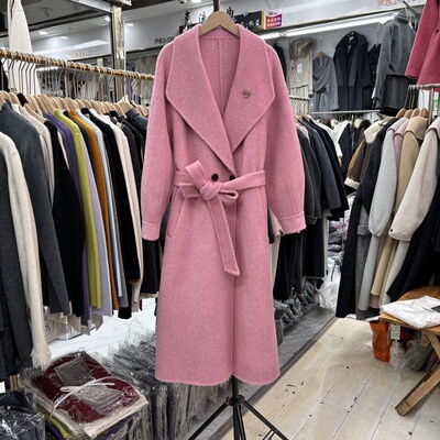 欧洲站双面呢大衣正品2025冬季新款高端中长羊毛外套宽松系带女装