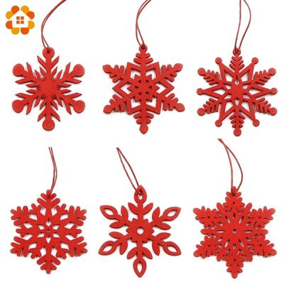 6PCS DIY WhiteRed Snowflakes Christmas Wooden Pendants Ornam