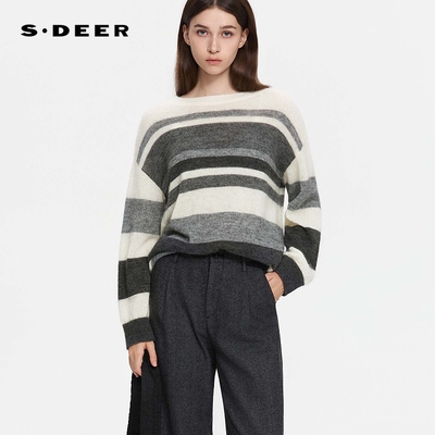 【呼呼专属】sdeer罗纹圆领撞色条纹宽松针织衫S253Z3524
