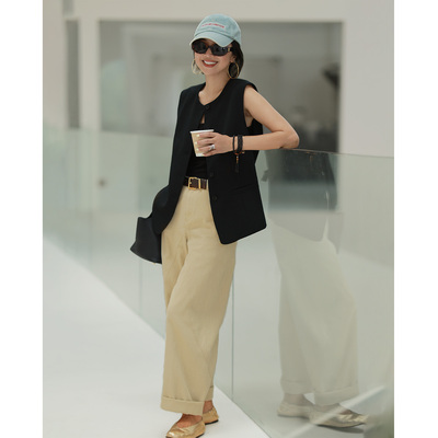 ise“on the road”米黄色水洗宽松体力剪裁休闲牛仔裤N2530612