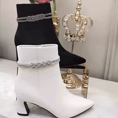 粗高跟真皮短靴水钻女鞋Roberta