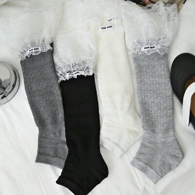2026韩系蕾丝网眼显瘦小腿袜布标缪系字母洋气半掌袜ins潮堆堆袜