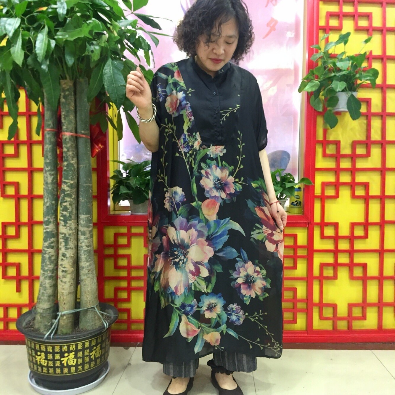 花辰月夕2019夏季新复古印花连衣裙胖妹妹宽松民族风大码女装1765