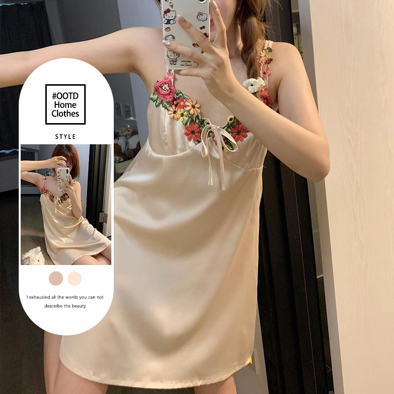 【花间迷情】高级感纯欲冰丝吊带睡裙女款夏季带胸垫性感睡衣裙夏