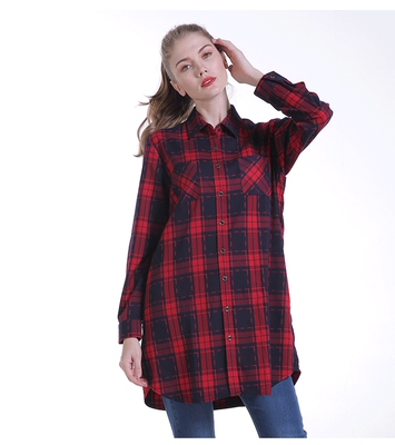 2025年春秋季磨毛棉新韩版中长款格子衬衫女长袖衬衣H43015