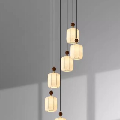 东方宋代美学楼梯间吊灯LOFT公寓复式法式中古复古布艺旋转长吊灯