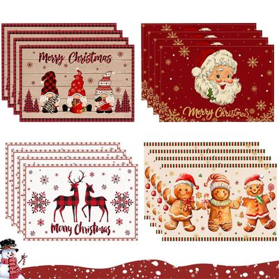 1/4pcs Linen Christmas Placemats Santa Claus Printed Christm