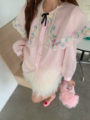 韩国东大门2026年夏季新款刺绣娃娃领防晒衬衫女设计感小众别致