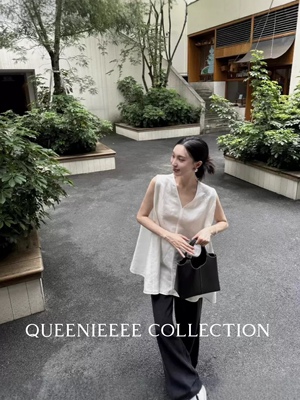 QUEENIE2025夏季新款 黑白两色简约亚麻宽松廓形v领背心舒适上衣