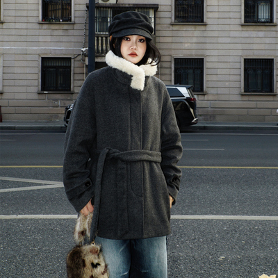 zopiclone“灰色柏林”毛毛翻领双门襟腰带毛呢中长款复古外套冬