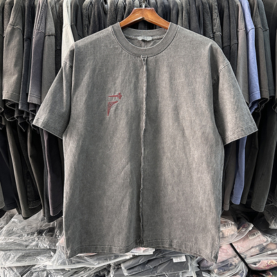 ins美式复古重磅刺绣logo拼接短袖水洗做旧宽松休闲嘻哈T恤tee潮