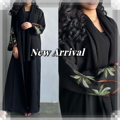 Arab woman open cardigan dress black 大码开衫刺绣外披