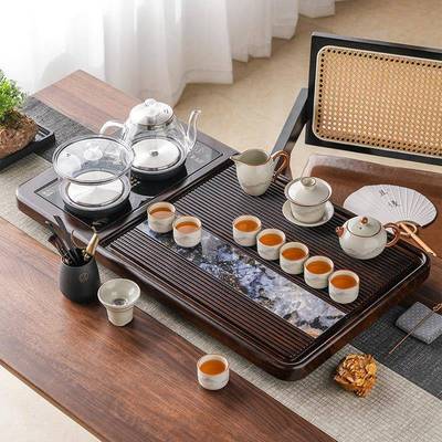 新款茶盘家用全自动一体式奢石岩板乌檀色实木茶具套装办公室茶台