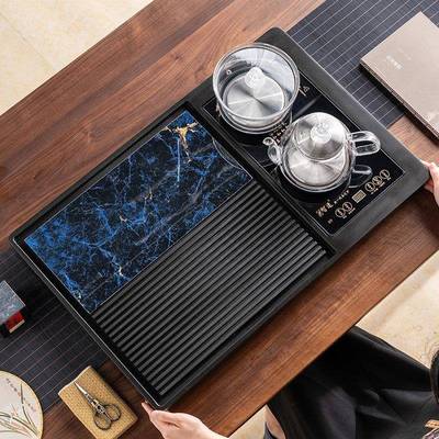 天然乌金石奢石岩板茶盘全自动烧水一体式电磁炉家用套装排水茶台