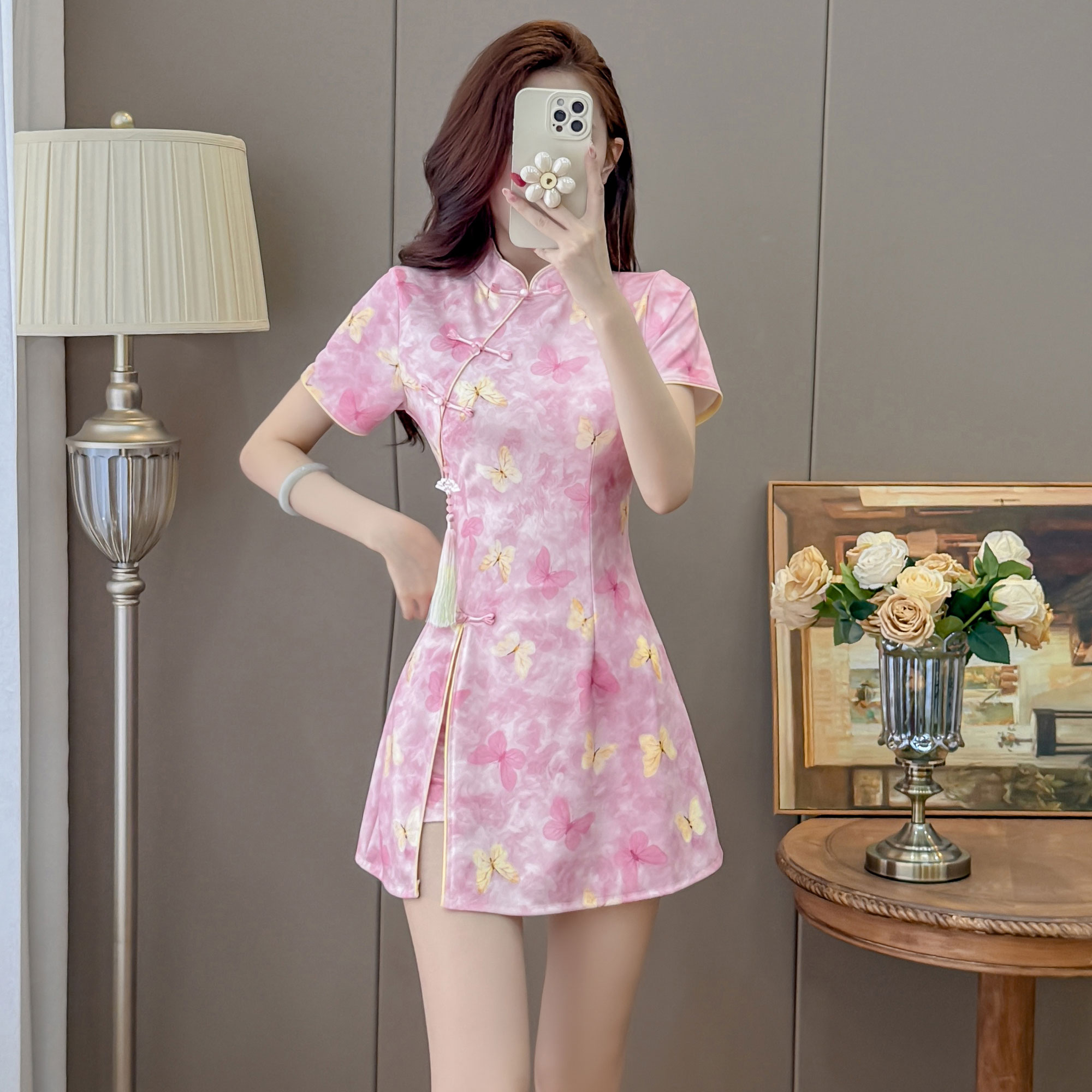 国风粉色旗袍连衣裙女柔式足疗技师工作服短袖沐足上班工服两件套
