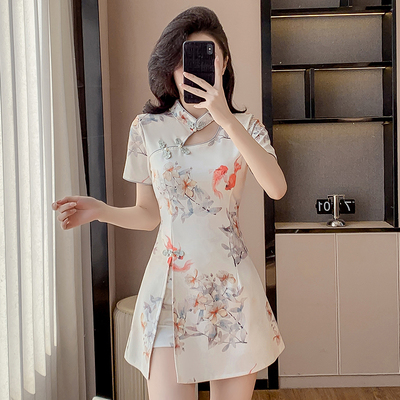 国风养生工作服新款气质美容院套装新中式改良旗袍连衣裙短裤两件