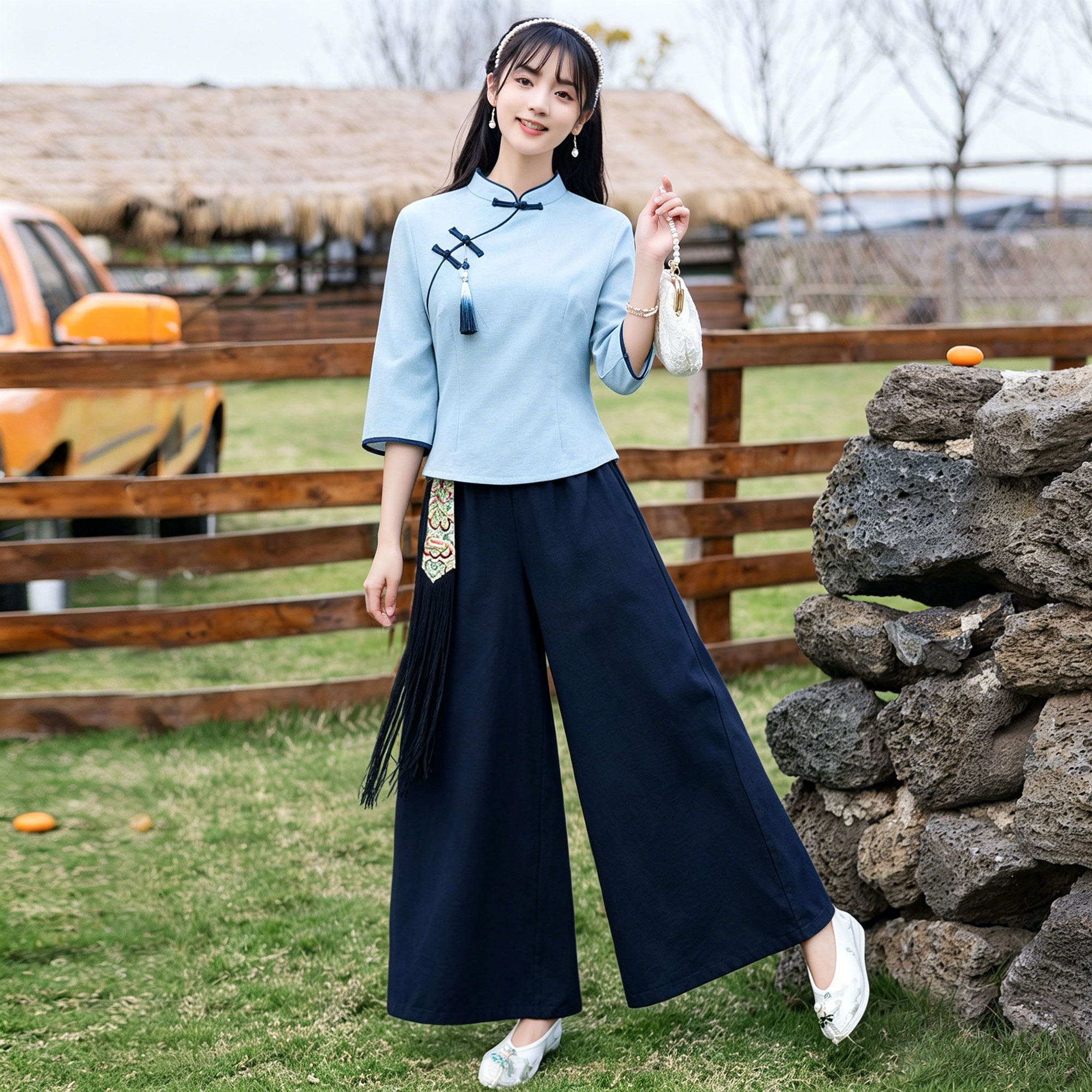茶艺师工作服女浅蓝立领盘扣上衣阔腿裤新中式民宿汉服工装两件套