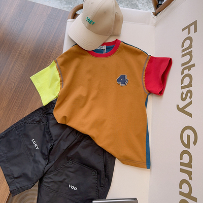 啦芙莱圆领韩版短袖纯棉撞色拼接