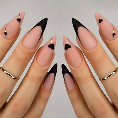 24PCS Black French Edge Almond False Nails With Heart And Li