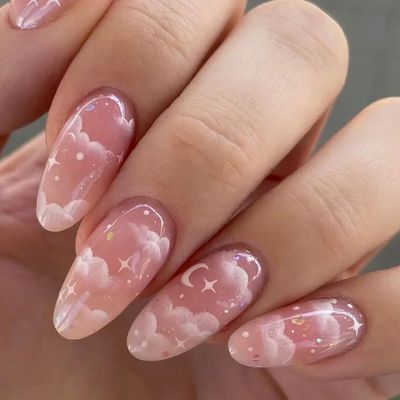 24Pcs Pink Cloud Sweet Star Moon Acrylic Nails Press on Almo