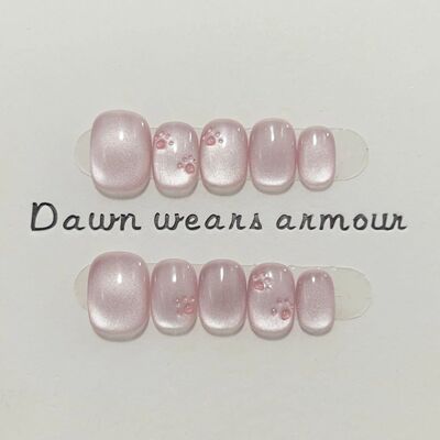 10Pcs Pink Cat Eye Handmade Short Round Press On Nails Full