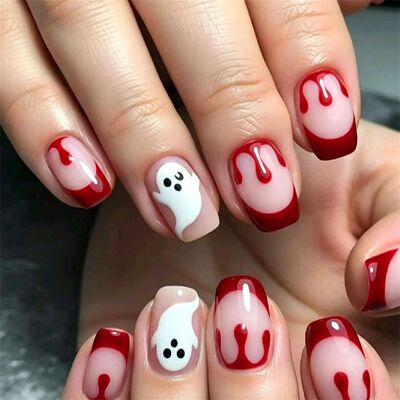 Red French False Nails Patches 24Pcs Halloween Short Square